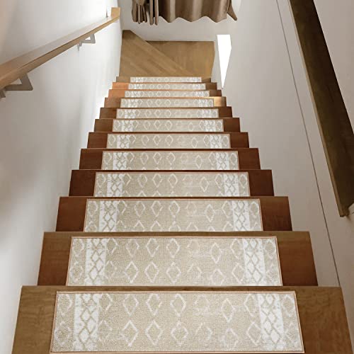 Antep Rugs Non Slip Stair Treads Carpet Bohemian Distressed Peel and Stick Alfombras, Set of 13, Beige, 8"x30"