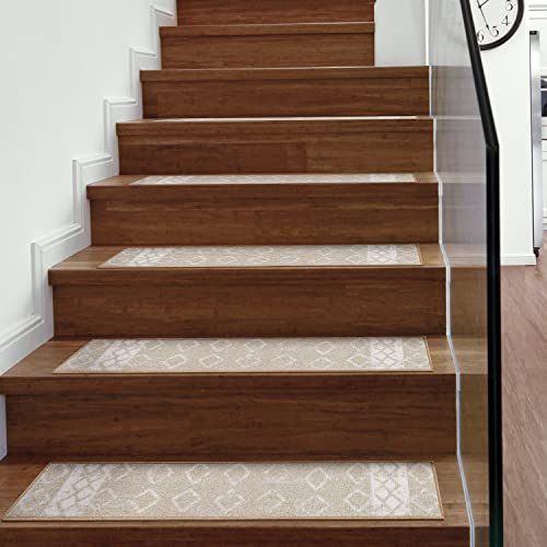 Antep Rugs Non Slip Stair Treads Carpet Bohemian Distressed Peel and Stick Alfombras, Set of 13, Beige, 8"x30"