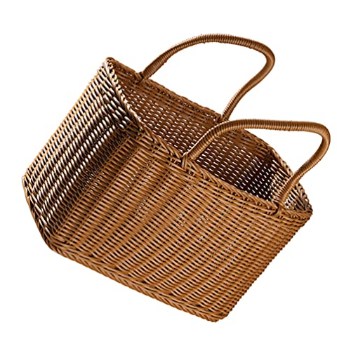 VOSAREA Wicker Picnic Basket Woven Natural Household Basket with Lid Hand Woven Fruit Hamper Flower Arrangement Basket for Camping Wedding