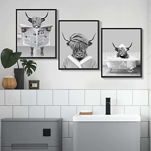 Grdenia Art Funny Bathroom Decor Prints Set of 3, Black and White Highland Cow Decor Reading Newspaper Take Bath Animal Poster Farmhouse Bathroom Restroom Decorations 8x10 UNFRAMED Housewarming Gift