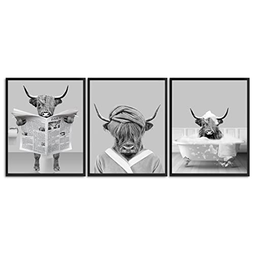 Grdenia Art Funny Bathroom Decor Prints Set of 3, Black and White Highland Cow Decor Reading Newspaper Take Bath Animal Poster Farmhouse Bathroom Restroom Decorations 8x10 UNFRAMED Housewarming Gift