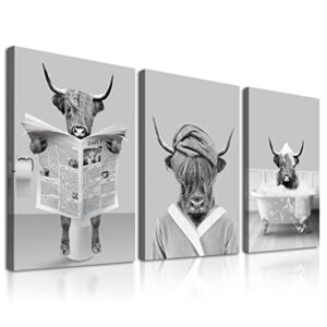 Grdenia Art Funny Bathroom Decor Prints Set of 3, Black and White Highland Cow Decor Reading Newspaper Take Bath Animal Poster Farmhouse Bathroom Restroom Decorations 8x10 UNFRAMED Housewarming Gift