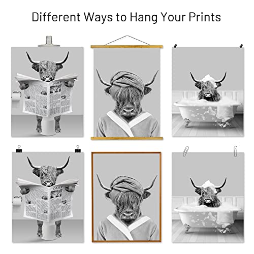 Grdenia Art Funny Bathroom Decor Prints Set of 3, Black and White Highland Cow Decor Reading Newspaper Take Bath Animal Poster Farmhouse Bathroom Restroom Decorations 8x10 UNFRAMED Housewarming Gift