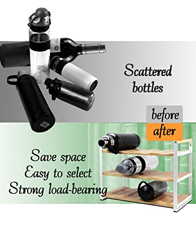 Asyncritus Water Bottle Organizer Suitable for Wall Hanging,Kitchen Countertops,Cabinets,3 Tier Bamboo Stackable Water Bottle Holder, Holds 12 Bottles in Total,Assembled Size: 14.6L×8.1W×11H