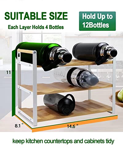 Asyncritus Water Bottle Organizer Suitable for Wall Hanging,Kitchen Countertops,Cabinets,3 Tier Bamboo Stackable Water Bottle Holder, Holds 12 Bottles in Total,Assembled Size: 14.6L×8.1W×11H