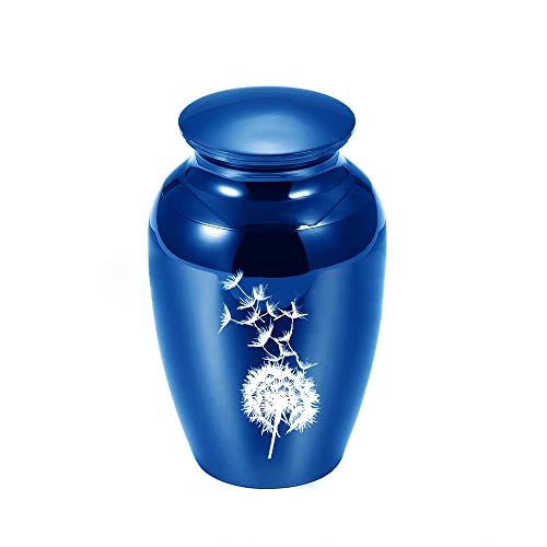 Small Keepsake Urn with Free Necklace, Mini Funeral Urn for Human Ashes, Dandelion Stainless Steel Ashes Holder with Funnel Velvet Bag (Blue)