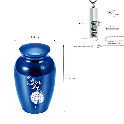 Small Keepsake Urn with Free Necklace, Mini Funeral Urn for Human Ashes, Dandelion Stainless Steel Ashes Holder with Funnel Velvet Bag (Blue)