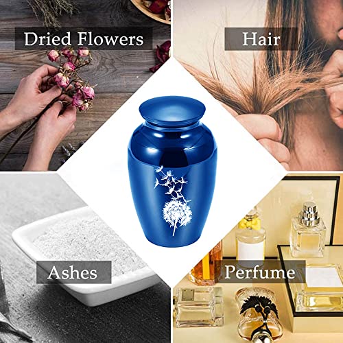 Small Keepsake Urn with Free Necklace, Mini Funeral Urn for Human Ashes, Dandelion Stainless Steel Ashes Holder with Funnel Velvet Bag (Blue)