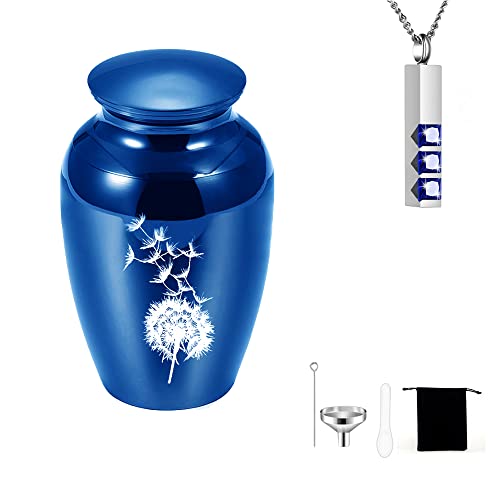 Small Keepsake Urn with Free Necklace, Mini Funeral Urn for Human Ashes, Dandelion Stainless Steel Ashes Holder with Funnel Velvet Bag (Blue)