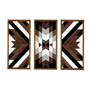 3pcs aztec wood wall decor farmhouse kitchen boho cyan rectangle framed hanging signs bedroom window frame vintage tribal wall decor above bed southwestern modern geometric wall art (black-brown)