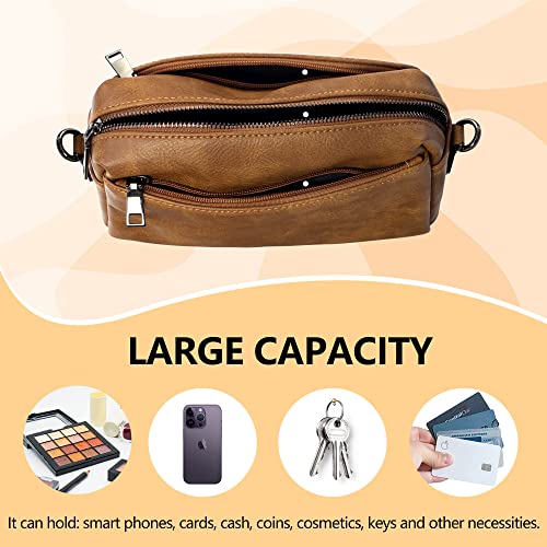 JANZORE Women Crossbody Bag Camera Bag Handbag Cross Body Purse Shoulder Bag Small Triple Zip Vegan Leather Wide Strap(Brown)