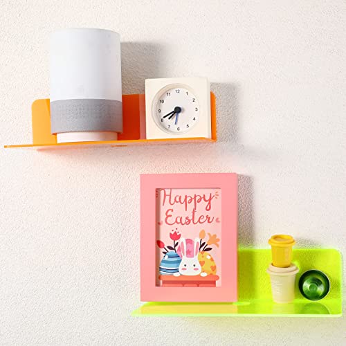 4 Pack Acrylic Floating Wall Shelves 9 Inch Adhesive Shelf Mounted Display Book Shelf for Pop Figure Plant, Speaker, Acrylic Shelve for Bathroom, Bedroom, Gaming Room, Living Room (Green, Orange)