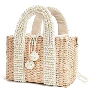 owleen new women’s bag with pearl ladies tote handbags handmade straw basket messenger bag for vacation life, creamy-white