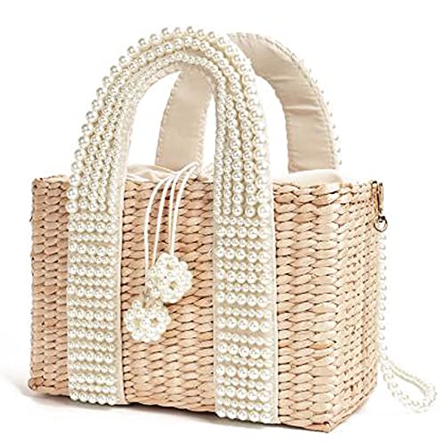 OWLEEN New Women's Bag with Pearl Ladies Tote Handbags Handmade Straw Basket Messenger Bag for Vacation Life, Creamy-white