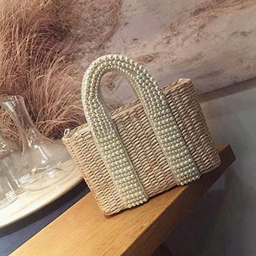 OWLEEN New Women's Bag with Pearl Ladies Tote Handbags Handmade Straw Basket Messenger Bag for Vacation Life, Creamy-white