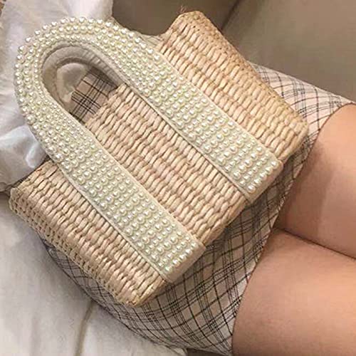 OWLEEN New Women's Bag with Pearl Ladies Tote Handbags Handmade Straw Basket Messenger Bag for Vacation Life, Creamy-white