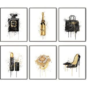 hoozgee fashion art watercolour splash gold champagne black perfume bottle lipstick ring jewelry high heel handbag wall art prints poster girly room decor bedroom wall decor (8″x10″ unframed)