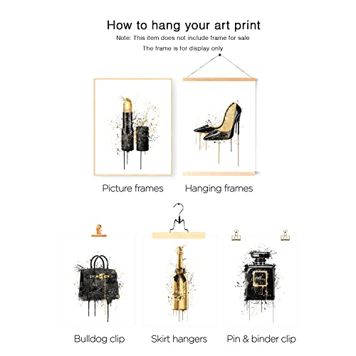 HoozGee Fashion Art Watercolour Splash Gold Champagne Black Perfume Bottle Lipstick Ring Jewelry High Heel Handbag Wall Art Prints Poster Girly Room Decor Bedroom Wall Decor (8"x10" UNFRAMED)