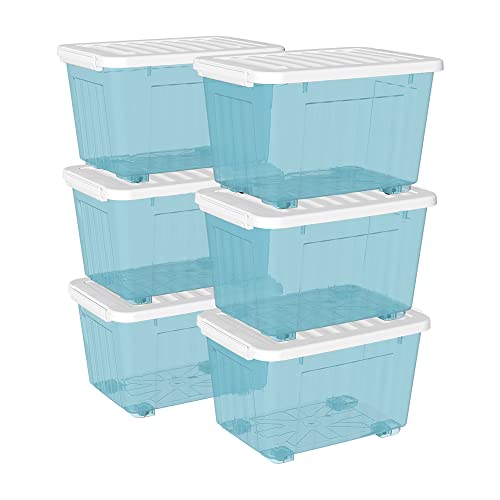 Cetomo 55L*6 Plastic Storage Box,Clear Blue, Tote box, Organizing Container with Durable Lid and Secure Latching Buckles, Stackable and Nestable, 6Pack, with Buckle