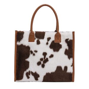 fashion women pu leather plush animal pattern print handbag autumn winter casual large capacity tote bags