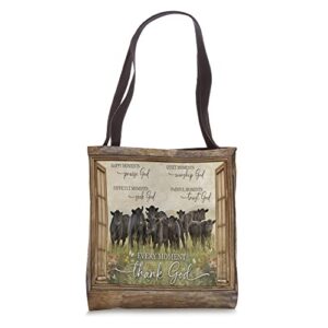 black angus cow window frame flower field thank god tote bag