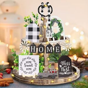 13 PCS Tiered Tray Decor Set, Farmhouse Tray Decor with LED String Lights Beads Garland, Blessed Home Sweet Wooden Sign for Home Kitchen Decor