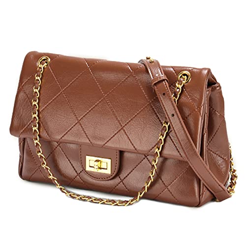 Rejolly Quilted Shoulder Bags for Women PU Leather Ladies Crossbody Handbag Stylish Envelope Purse with Chain Strap (Brown New)