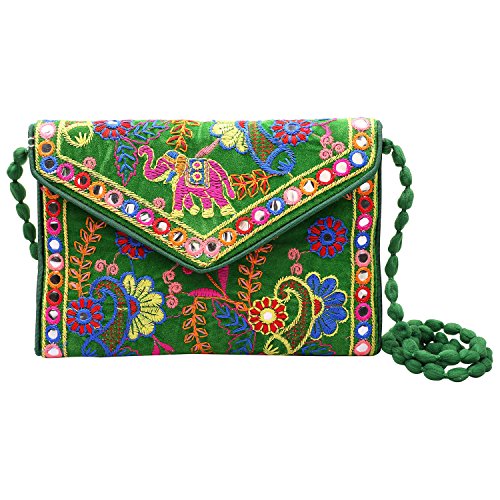 Green Clutch Bags for Women - Rajasthani Hand Embroidered Mini Crossbody Bag Women's Cluches for Wedding Party Gifts