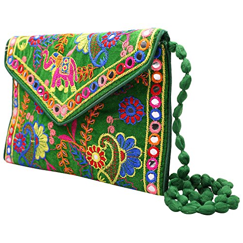 Green Clutch Bags for Women - Rajasthani Hand Embroidered Mini Crossbody Bag Women's Cluches for Wedding Party Gifts