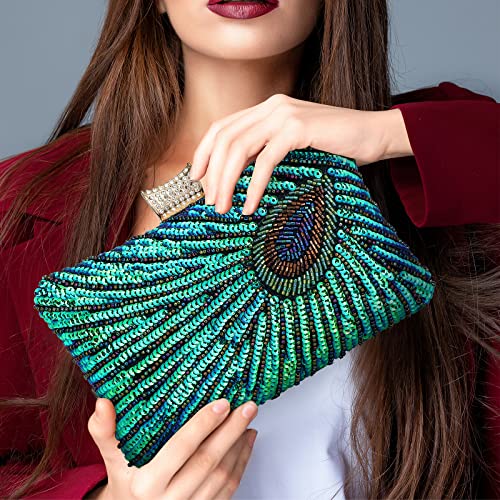 Peacock Clutch Purse Beaded Sequin Evening Bags Clutch Handbag for Party Wedding Proms Cocktail,7.9 * 4.7 * 2.4 in