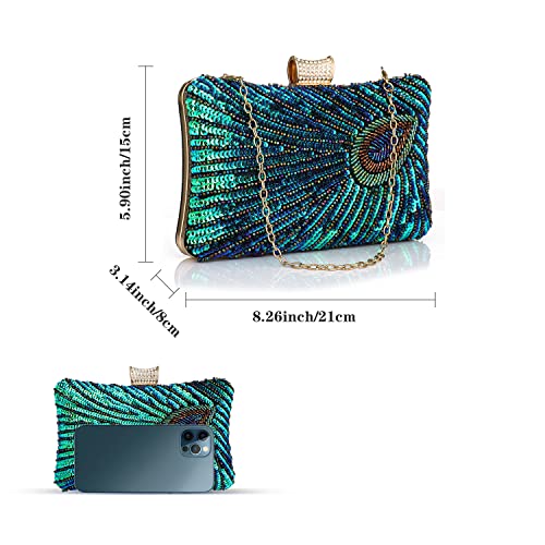 Peacock Clutch Purse Beaded Sequin Evening Bags Clutch Handbag for Party Wedding Proms Cocktail,7.9 * 4.7 * 2.4 in