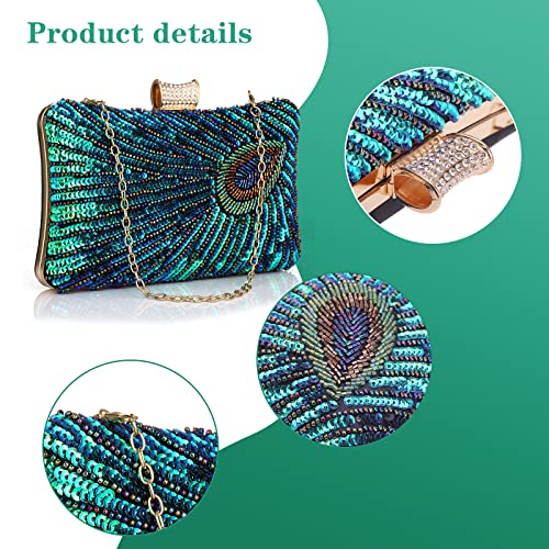 Peacock Clutch Purse Beaded Sequin Evening Bags Clutch Handbag for Party Wedding Proms Cocktail,7.9 * 4.7 * 2.4 in