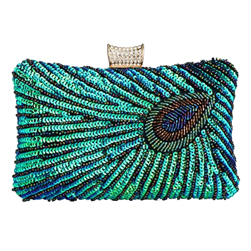 Peacock Clutch Purse Beaded Sequin Evening Bags Clutch Handbag for Party Wedding Proms Cocktail,7.9 * 4.7 * 2.4 in