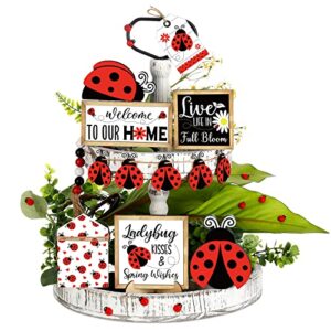 20 pcs ladybug tiered tray decorations spring summer ladybug wooden blocks sign ladybug table top decor red farmhouse ladybird for home kitchen shelf display holiday housewarming