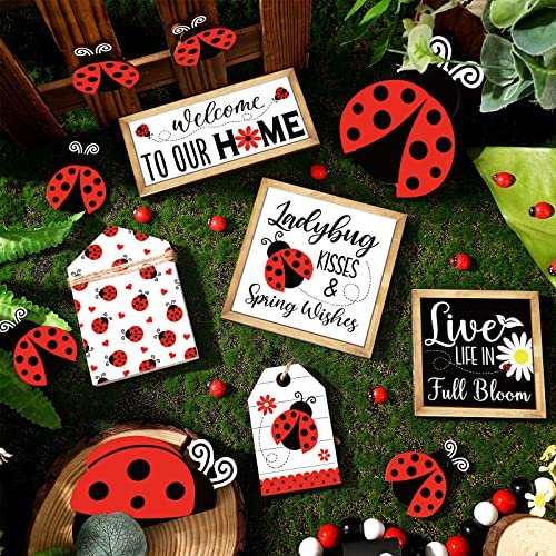 20 Pcs Ladybug Tiered Tray Decorations Spring Summer Ladybug Wooden Blocks Sign Ladybug Table Top Decor Red Farmhouse Ladybird for Home Kitchen Shelf Display Holiday Housewarming