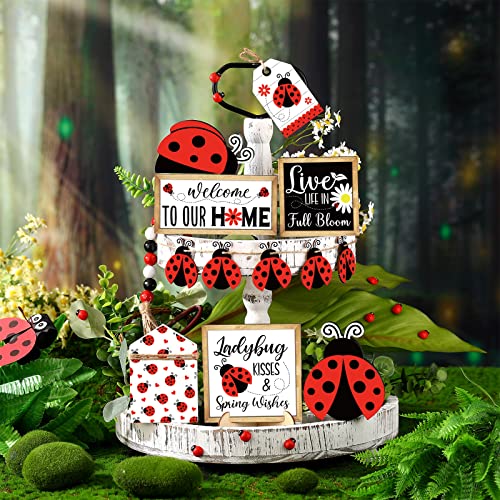 20 Pcs Ladybug Tiered Tray Decorations Spring Summer Ladybug Wooden Blocks Sign Ladybug Table Top Decor Red Farmhouse Ladybird for Home Kitchen Shelf Display Holiday Housewarming