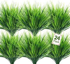 24 bundles artificial plants outdoor fake wheat grass flowers artificial greenery stems faux plastic plants shrubs uv resistant for patio garden porch home window box decor (green)