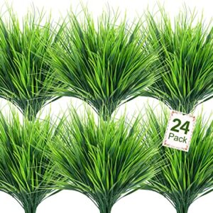 24 Bundles Artificial Plants Outdoor Fake Wheat Grass Flowers Artificial Greenery Stems Faux Plastic Plants Shrubs UV Resistant for Patio Garden Porch Home Window Box Decor (Green)