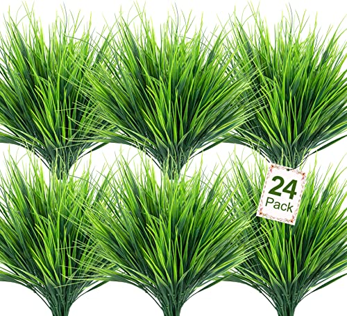 24 Bundles Artificial Plants Outdoor Fake Wheat Grass Flowers Artificial Greenery Stems Faux Plastic Plants Shrubs UV Resistant for Patio Garden Porch Home Window Box Decor (Green)