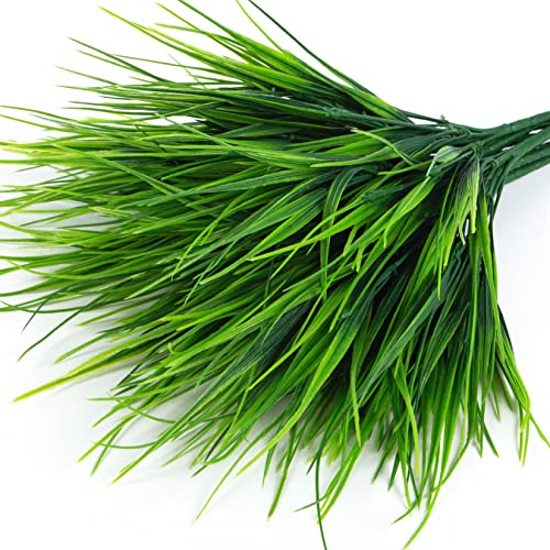 24 Bundles Artificial Plants Outdoor Fake Wheat Grass Flowers Artificial Greenery Stems Faux Plastic Plants Shrubs UV Resistant for Patio Garden Porch Home Window Box Decor (Green)