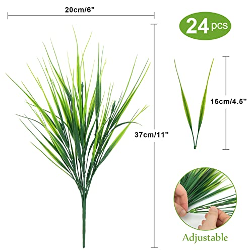 24 Bundles Artificial Plants Outdoor Fake Wheat Grass Flowers Artificial Greenery Stems Faux Plastic Plants Shrubs UV Resistant for Patio Garden Porch Home Window Box Decor (Green)