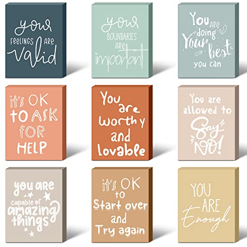 9 Pcs Mental Health Reminders Table Decor Wooden Sign Positive Psychology Affirmations Feelings Shelf Decors Inspirational Mental Health Tips Mini Decors for Home Counseling Office Students Classroom