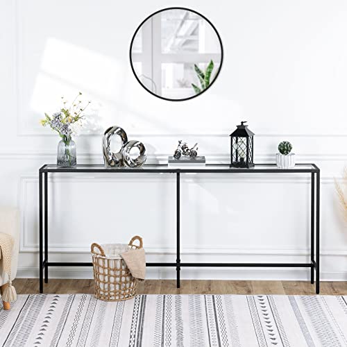 ALLOSWELL 70.9”L Console Table, Tempered Glass Sofa Table, Modern Entryway Table, Easy to Assemble, Steel Frame, for Living Room, Hallway, Black CTH18B01