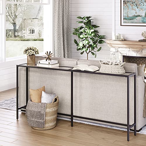 ALLOSWELL 70.9”L Console Table, Tempered Glass Sofa Table, Modern Entryway Table, Easy to Assemble, Steel Frame, for Living Room, Hallway, Black CTH18B01