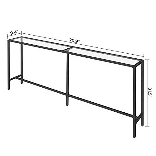 ALLOSWELL 70.9”L Console Table, Tempered Glass Sofa Table, Modern Entryway Table, Easy to Assemble, Steel Frame, for Living Room, Hallway, Black CTH18B01