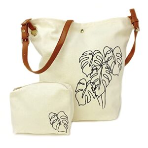 monstera canvas crossbody tote bag & zipper pouch, shoulder tote bag, plant lover gifts for women