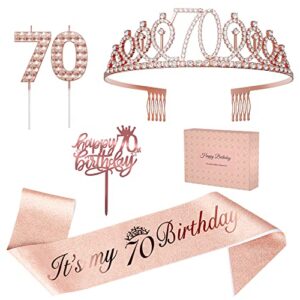 70th birthday decorations for women, 70th birthday sash,tiara, 70th candles and happy birthday cake toppers, rose gold 70th birthday gifts set