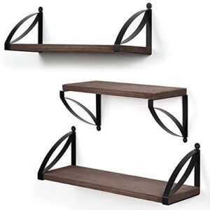 shinoske floating shelf, natural wood floating shelves 3-piece set, decorative storage shelves with metal brackets, suitable for living room, bathroom, kitchen, study(brown)