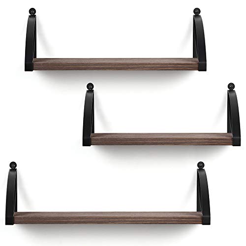 SHINOSKE Floating Shelf, Natural Wood Floating Shelves 3-Piece Set, Decorative Storage Shelves with Metal Brackets, Suitable for Living Room, Bathroom, Kitchen, Study(Brown)