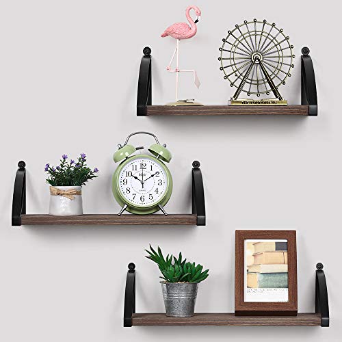 SHINOSKE Floating Shelf, Natural Wood Floating Shelves 3-Piece Set, Decorative Storage Shelves with Metal Brackets, Suitable for Living Room, Bathroom, Kitchen, Study(Brown)